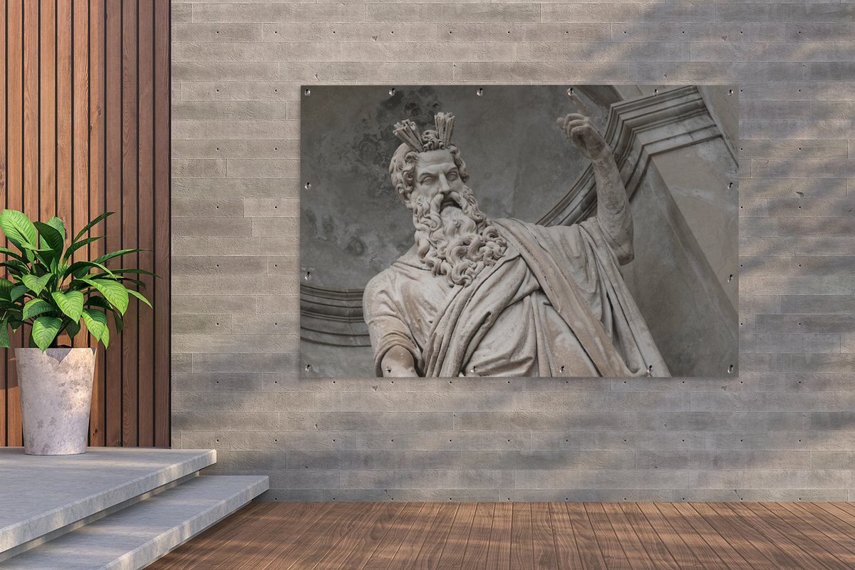 Muurdecoratie Een standbeeld van Zeus waar de oppergod zijn arm ...
