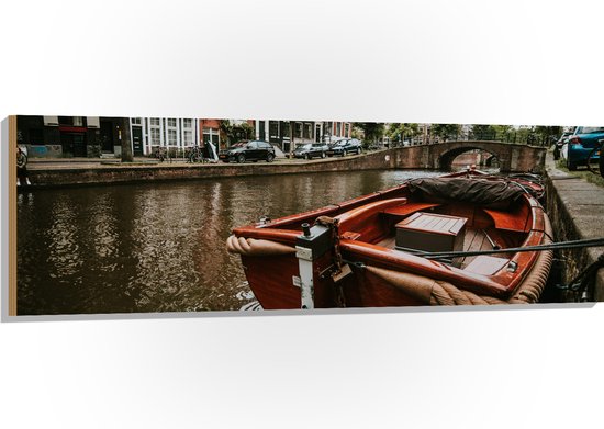 WallClassics - Hout - Boot in Amsterdamse Gracht - 150x50 cm - 12 mm ...