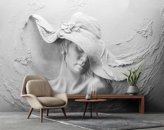 Fotobehang - Vlies Behang - Vrouw en Hoed Sculptuur - Kunst - 416 x 254 cm | bol