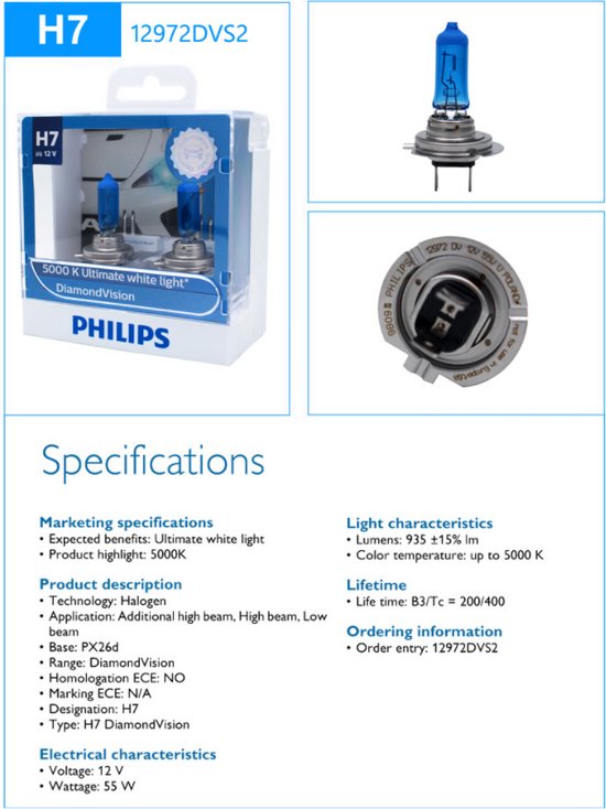 H7 55 Watt Philips Diamond Vision lampen 12V – Ultra White – Wit licht ...