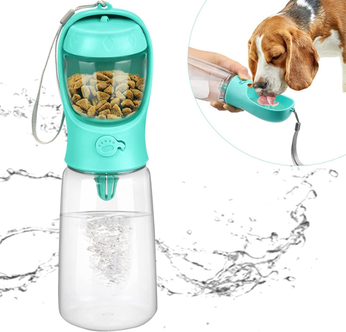 Honden Waterfles 300 ML met voerbakje Blauw - 2 in 1 Draagbare Voer én ...