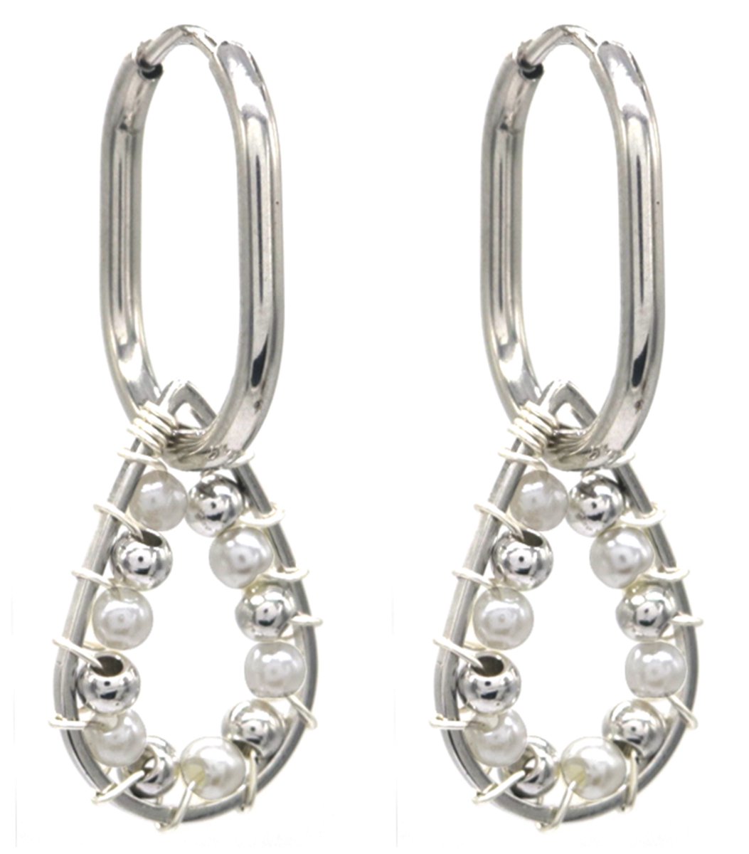 Oorbellen - Druppel Glaskralen - Oorringen - RVS - 4 cm - Zilverkleurig | bol.com