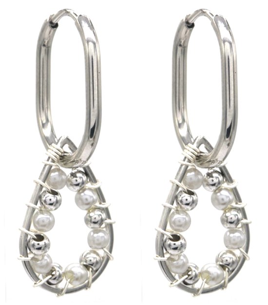 Oorbellen - Druppel Glaskralen - Oorringen - RVS - 4 cm - Zilverkleurig | bol