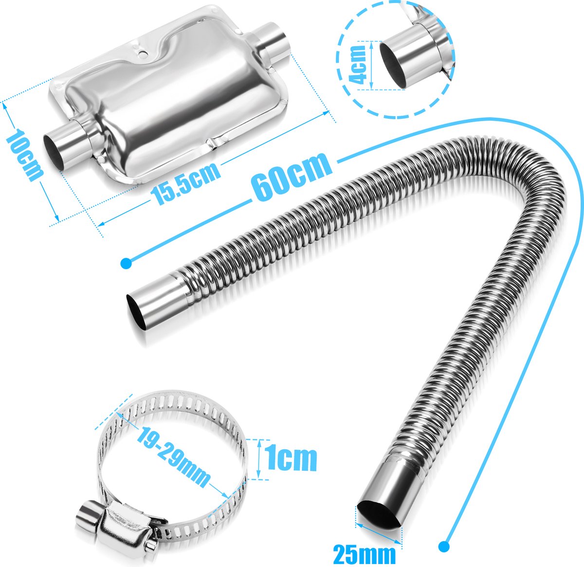60cm Standkachel Pijp uitlaatpijp 25mm klemmen rvs set Diesel ...