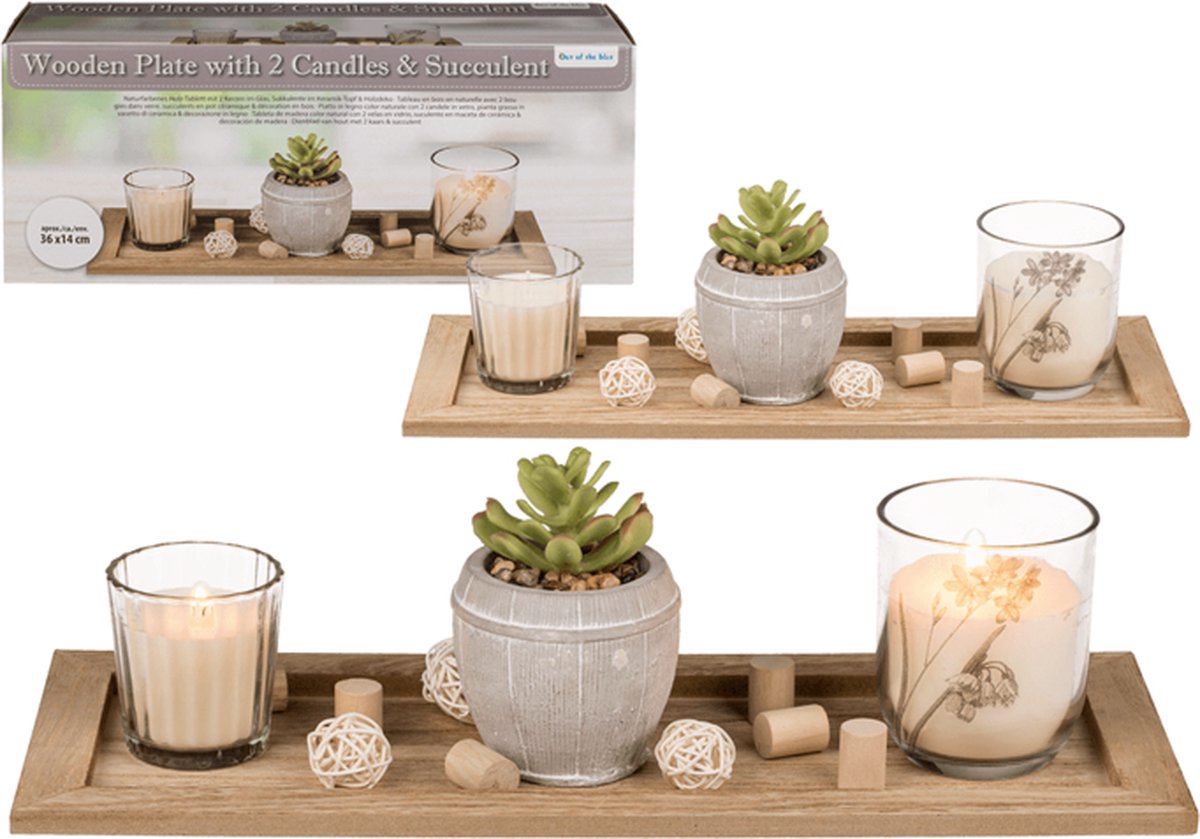 houten plankje met 2 kaarsen & kunstplatje met keramische pot Decoratie ...