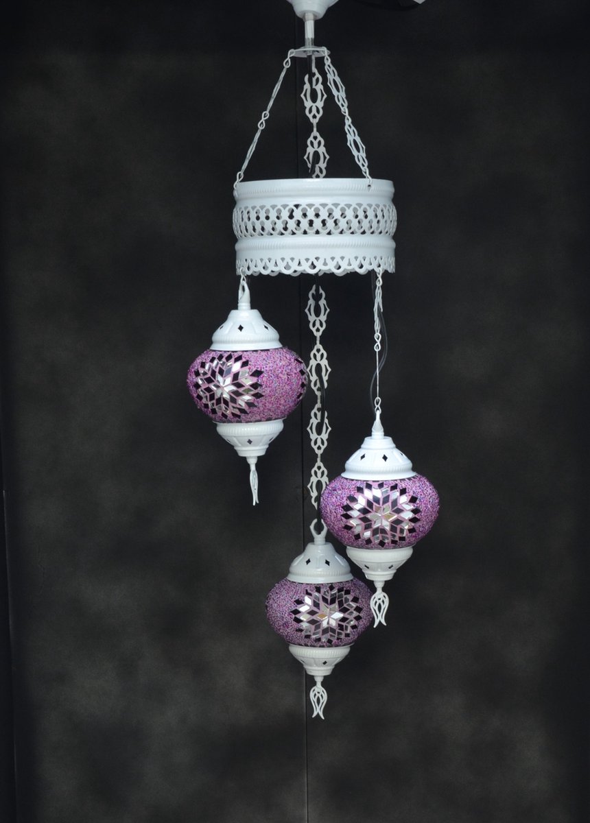 Oosterse lamp 3 glazen paars roos bollen mozaiek kroonluchter | bol.com