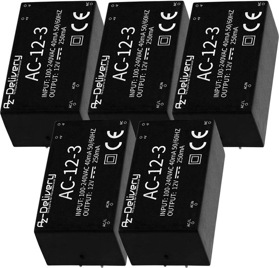 AZDelivery 5 x 220V tot 12V Mini-Voeding compatibel met Raspberry Pi ...