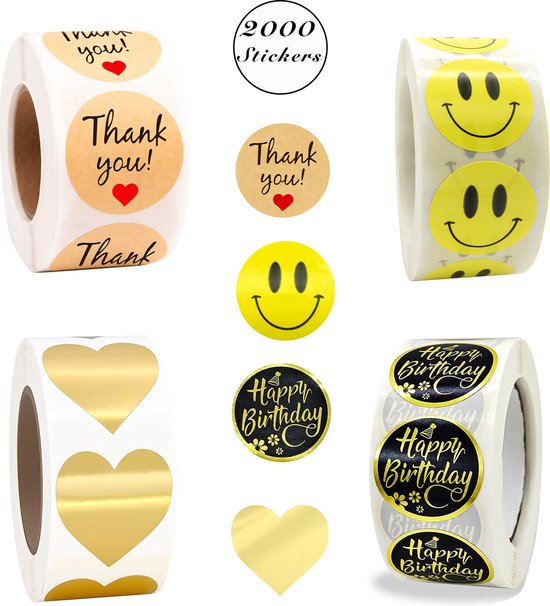 2000 Stickers - Smiley, Hartje, Thank You en Verjaardag - 4 Designs ...