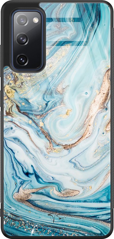 Hoesje geschikt voor Samsung Galaxy S20 FE - Marmer blauw goud - Hard Case Zwart -... | bol