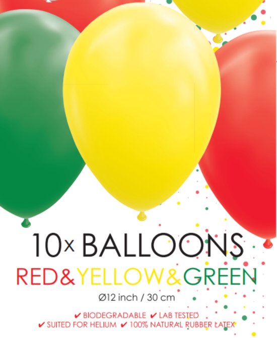 10 Ballonnen Rood/ Geel/ Groen , 100 % Biologische afbreekbaar, Lucht ...