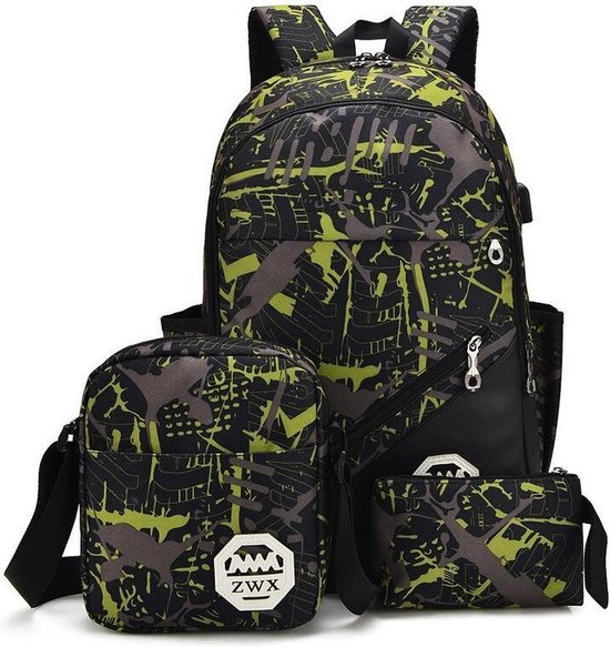 3-delige Rugzak Set - Camouflage Groen - Schooltas - Rugzak Kind - Back ...