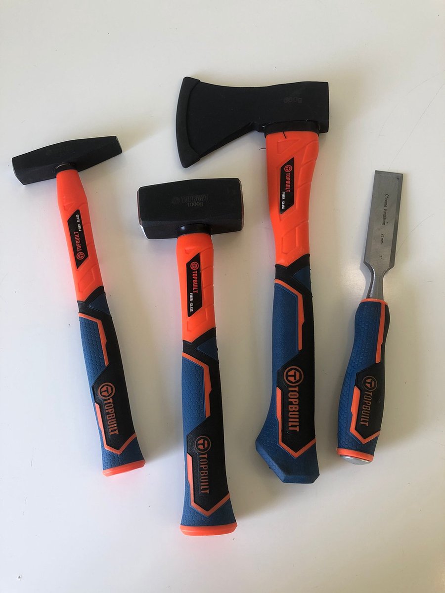 Set van 4 stuks: Hamer, Steenhamer, bijl en houtschaaf met fiber ...