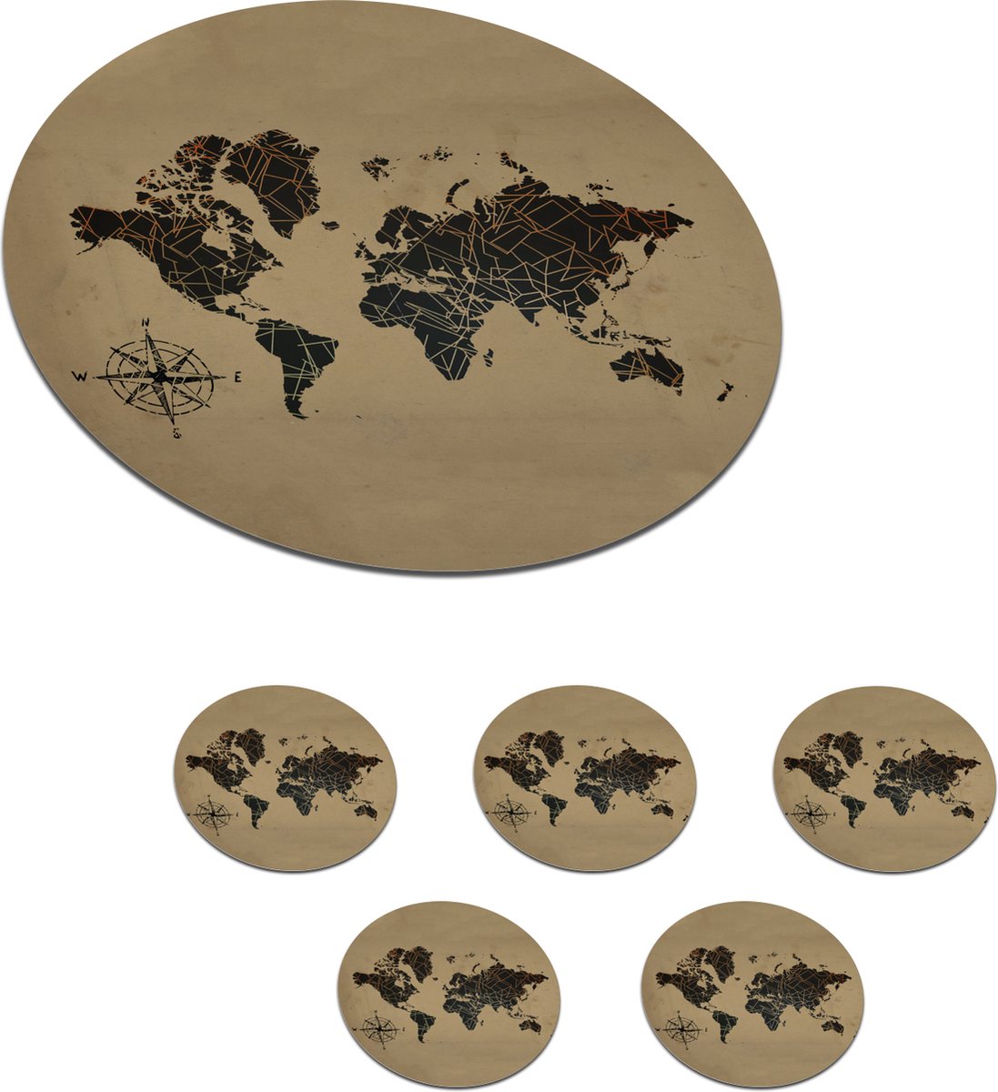 Onderzetters voor glazen - Rond - Wereldkaart - Goud - Kompas - 10x10 ...