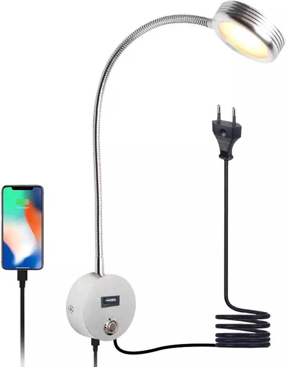 Dimbare LED Leeslamp - Wandmontage - Met USB Oplaadpoort ...