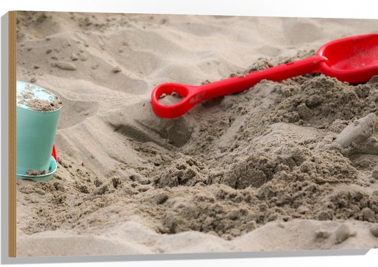 WallClassics - Hout - Schepje en Emmer op het Strand - 90x60 cm - 12 mm ...