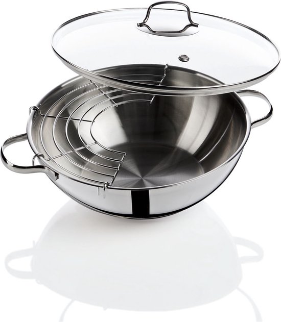 Wok ou poêle wok inox ERNESTO Ø32 cm - 5 L - Avec couvercle en verre ...