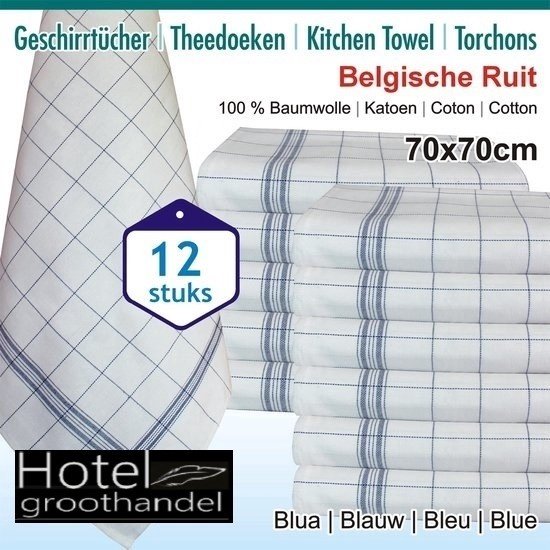 Theedoeken - set van 12 Stuk Belgische ruit Blauw 100% Katoens -70x70cm ...