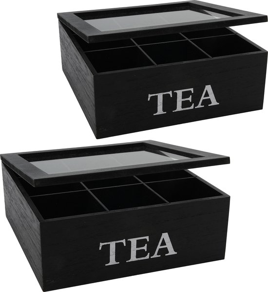 Theedoos met deksel - 2 stuks - 9-vaks - bamboe - 23 cm - zwart | bol