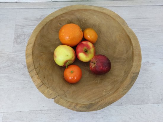Rond fruitschaal hout massief teak, houten schaal met voet | bol