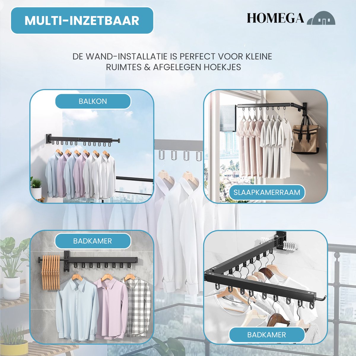 HoMega Wanddroogrek - Droogrek muur - Inklapbaar - kledingstang ...