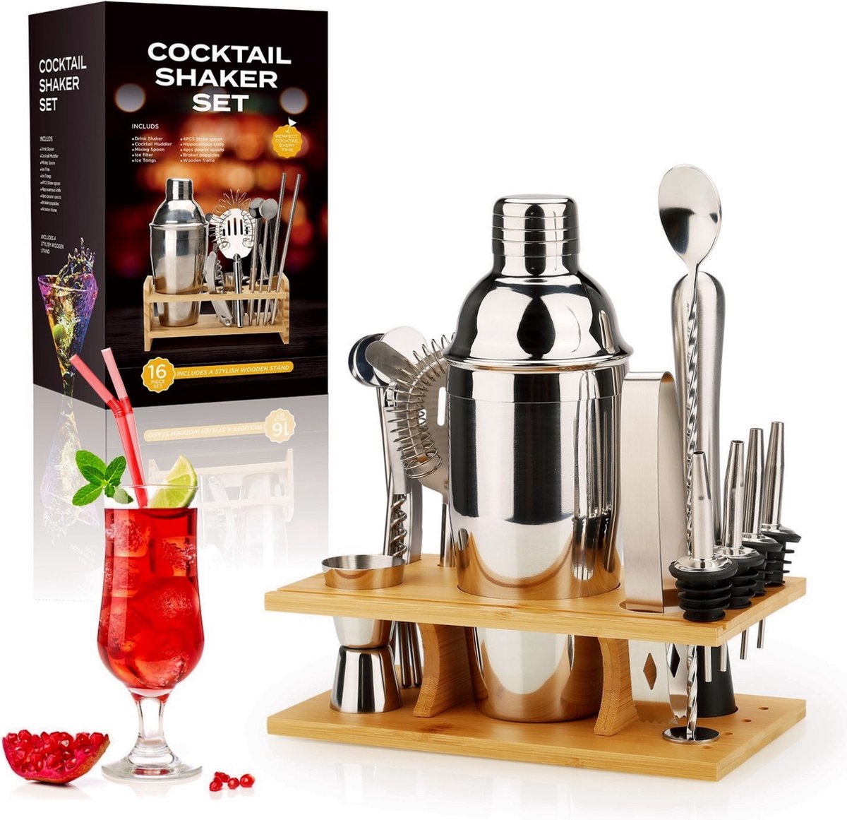 Cocktail Set 16-Delig - Incl. Opbergrek - Cocktail Shaker - RVS ...