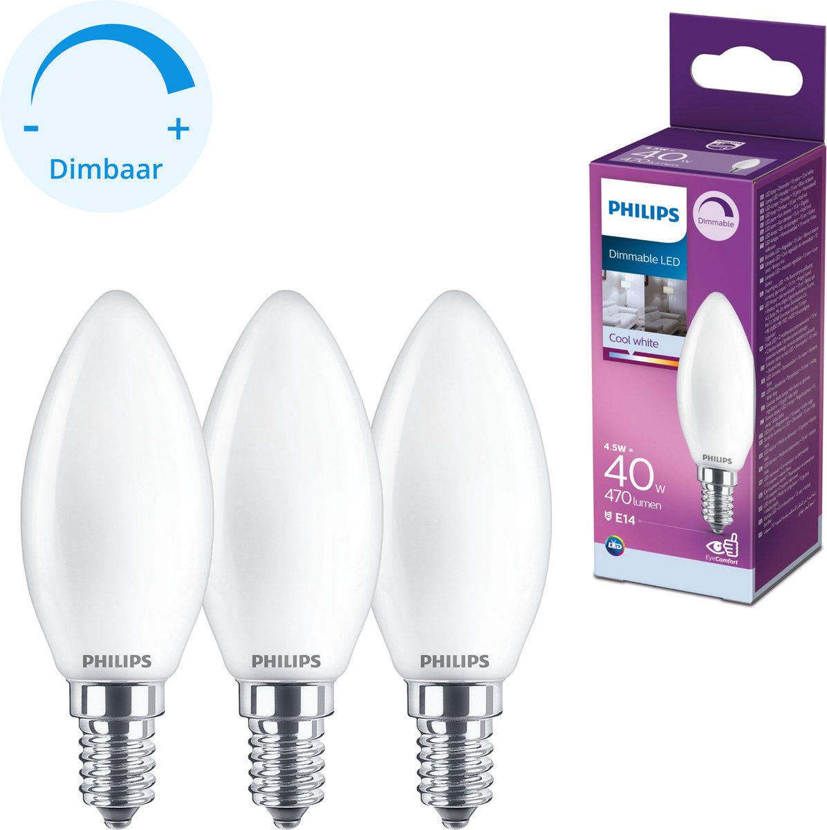 Philips LED Kaarslamp E14 - Mat - Dimbaar koud wit licht - 4.5-40W - 3 Kaarslampen | bol.com