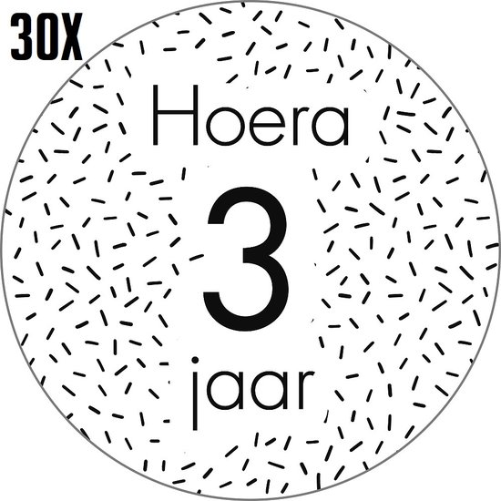 30 x Sluitsticker Sticker – Hoera 3 jaar – 40mm – Zwart – Wit ...
