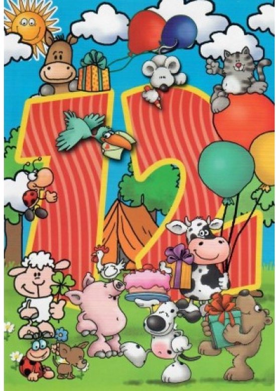 12 jaar van harte gefeliciteerd! Een grappige kaart met allerlei dieren ...