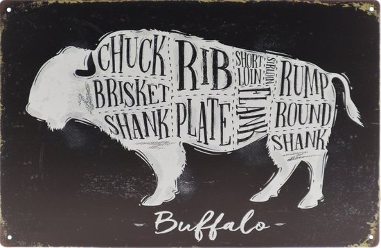 Wandbord – Buffalo - Buffel - Slager - Steak - Retro - Wanddecoratie ...