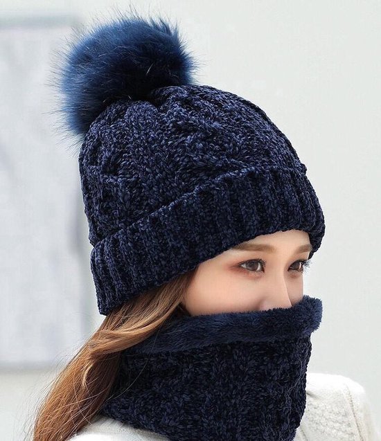Dames Muts - 2 Set - Fleece Voering en Colsjaal - Navyblauw | bol.com