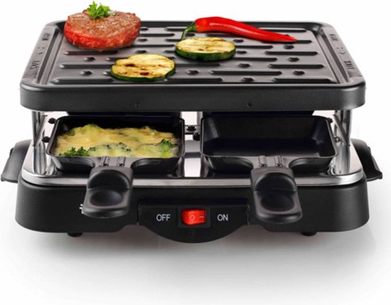Gourmetstel - Raclette - Grillplaat - 4 Personen - 500W - Zwart | bol