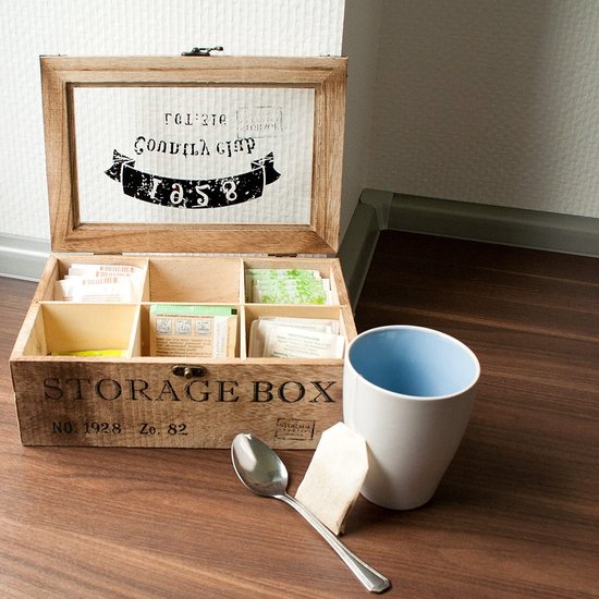 ToCi Theebox natuurlijk hout, met 6 vakken, rechthoekige theedoos ...