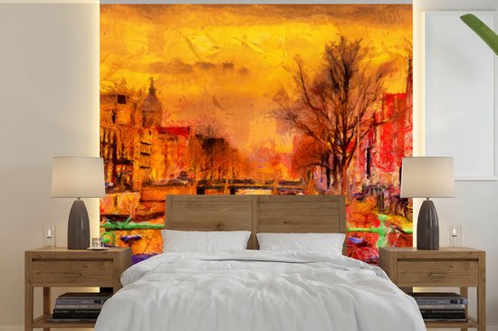 Behang - Fotobehang Schilderij - Fiets - Amsterdam - Gracht - Olieverf ...