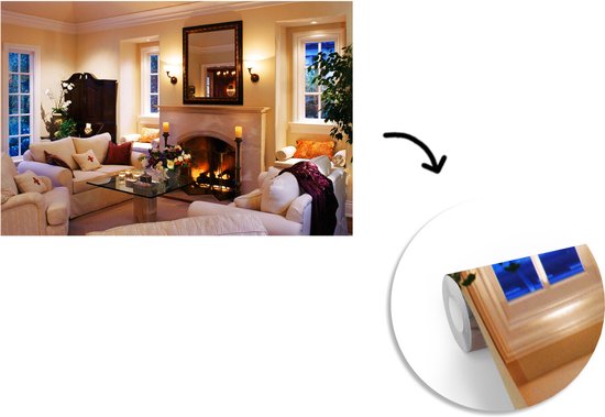 Behang - Fotobehang Een open haard in een luxe kamer - Breedte 450 cm x ...