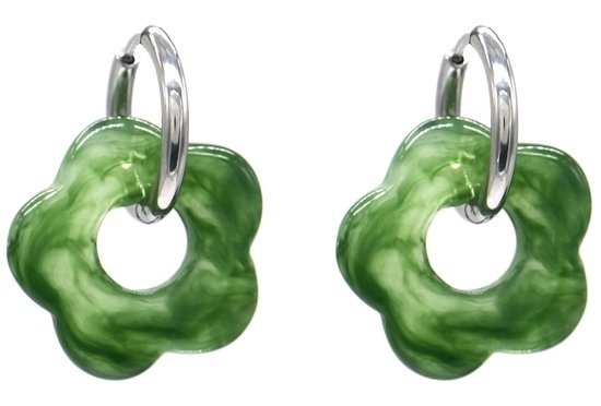 Oorbellen met Bloem - Oorringen - RVS - 3x2 cm - Zilverkleurig en Groen | bol