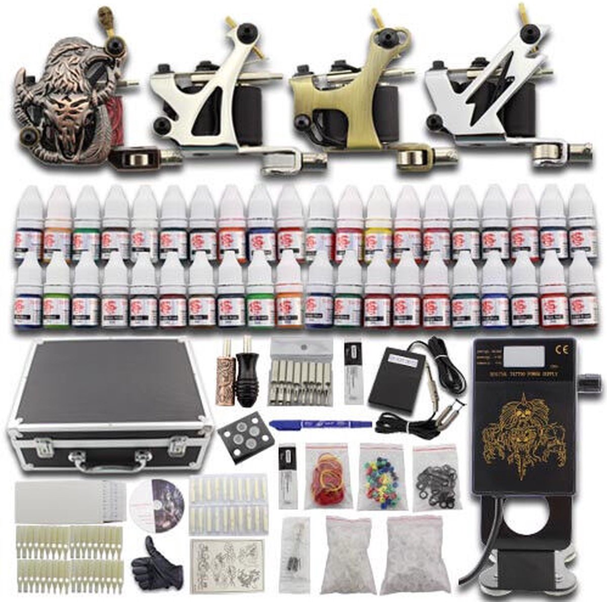 Tattoo set compleet met 4 tatoeage machines, 30 inkt, 50 tattoo naalden ...