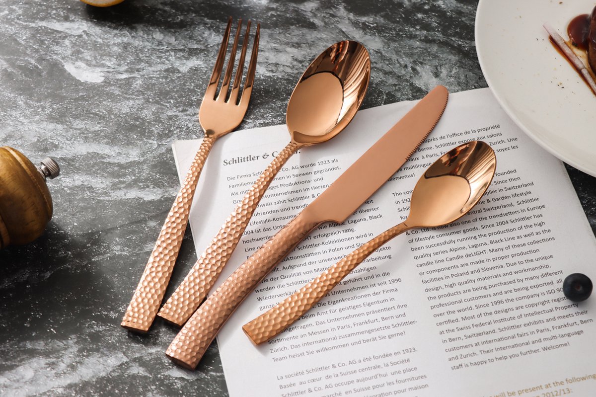 Bestekset - Bestek Rose Goud Gehamerd -24 delig-Zwitsers Kwaliteit ...