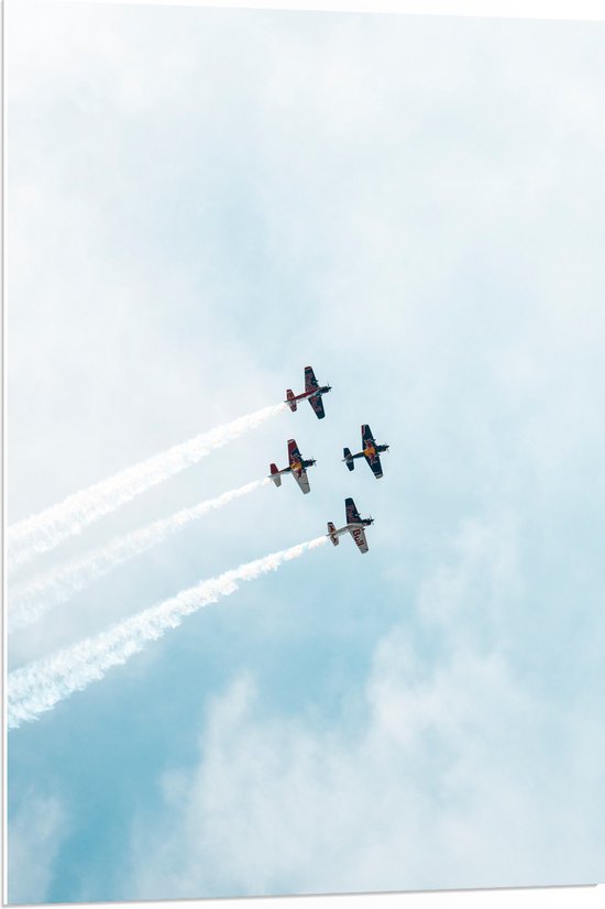 WallClassics - PVC Schuimplaat - Vier Zweefvliegtuigen met Witte Rook ...