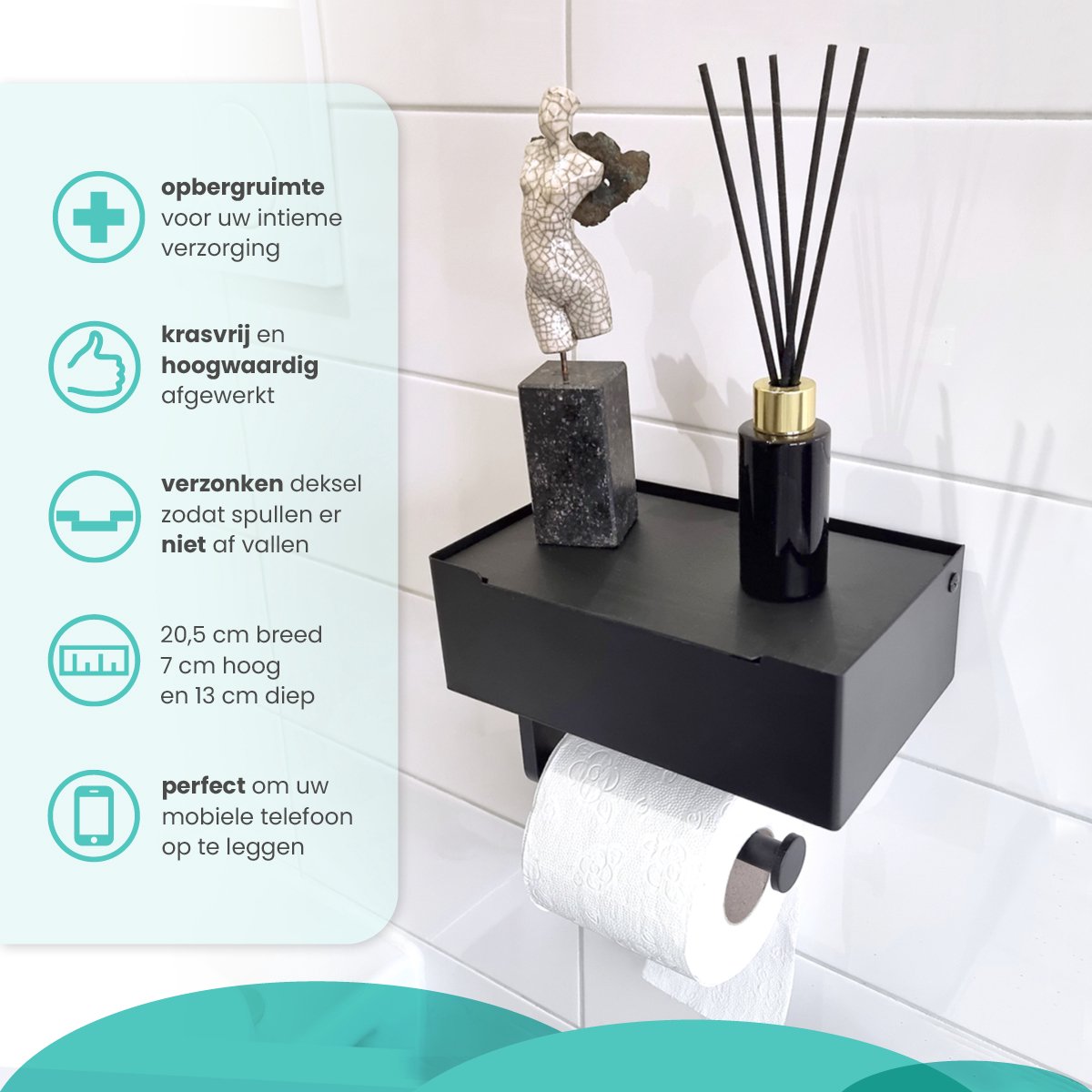 GDRN WC rolhouder met plankje en bakje - Zwart - Zonder boren | bol