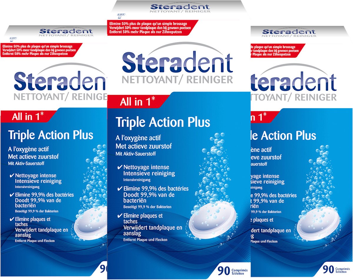 Steradent Kunstgebit Reiniger Triple Action Plus - 3 x 90 stuks ...