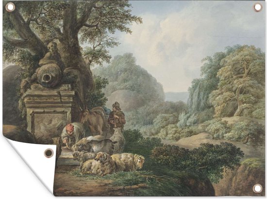 Muurdecoratie buiten Landschap met herders bij een waterplaats ...