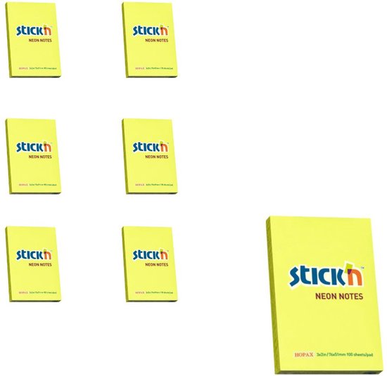 Stick'n sticky notes - 6-pack - 76x51mm, neon geel, 600 memoblaadjes | bol