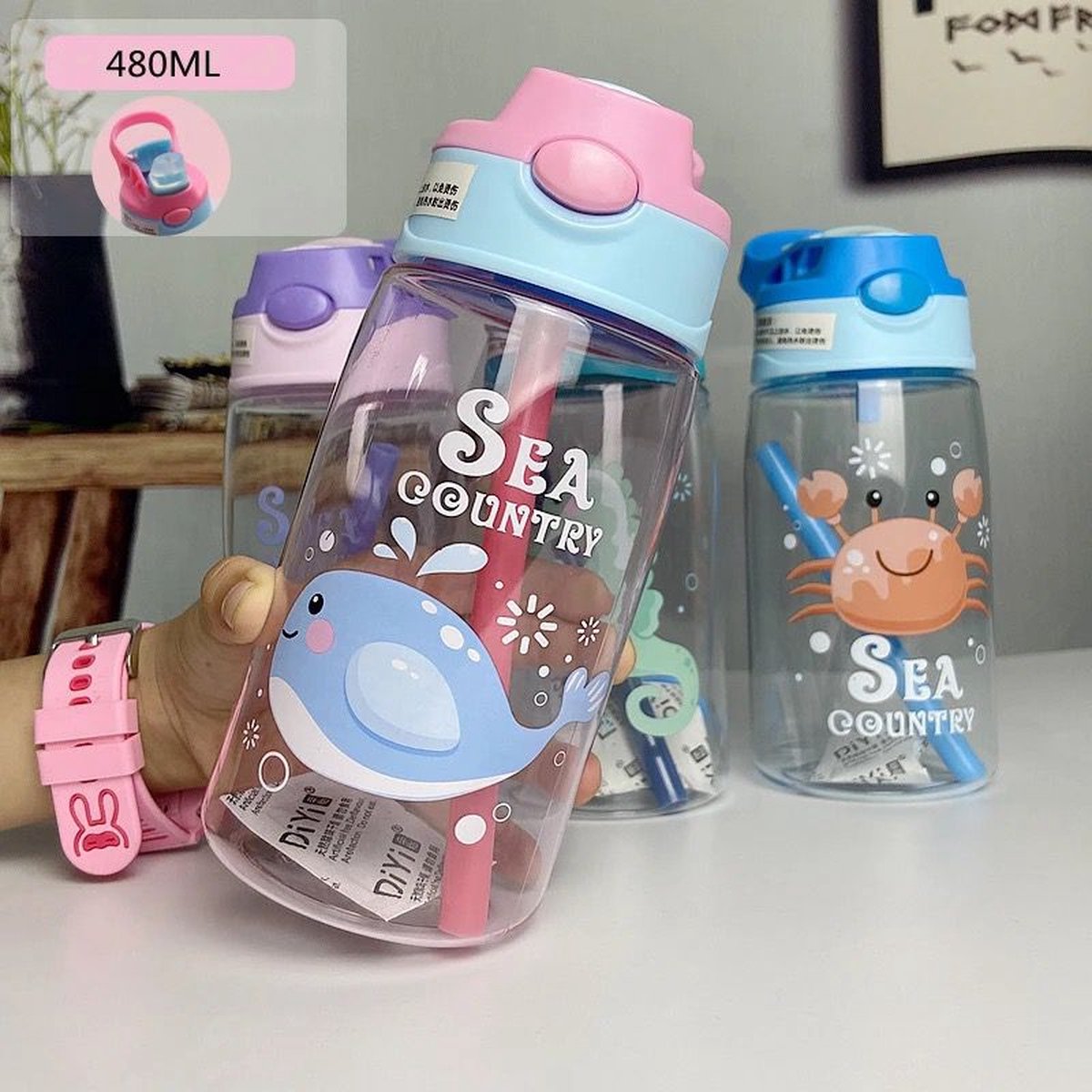 Waterfles voor kinderen - met rietjes - lekvrije drinkfles - 480 ML ...