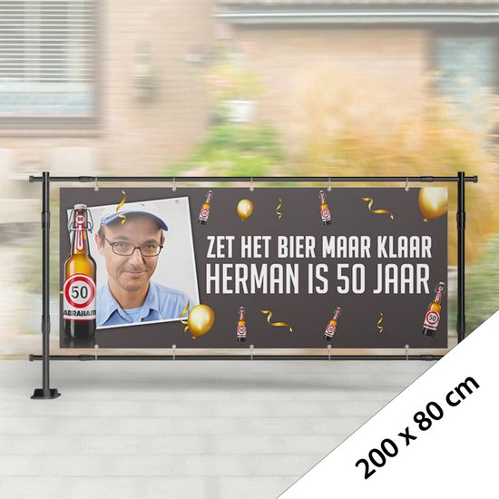 Spandoek Abraham Bierfles 200 x 80 cm (Met eigen naam en foto) | bol.com