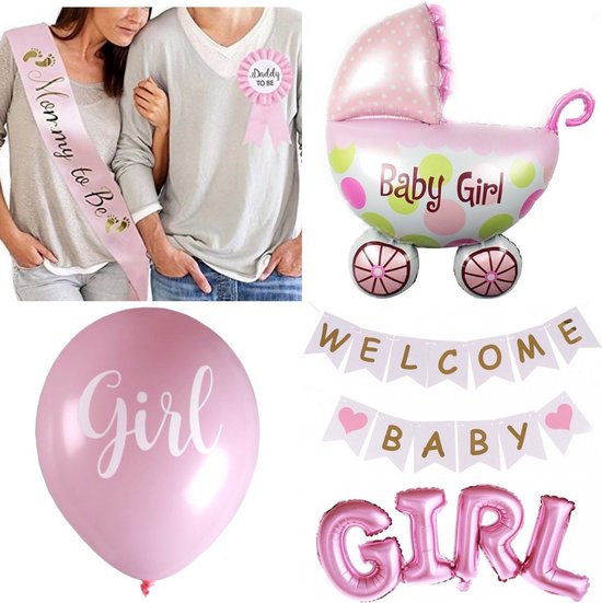 Set It's a girl met diverse ballonnen, sjerp, rozet en slinger - baby ...
