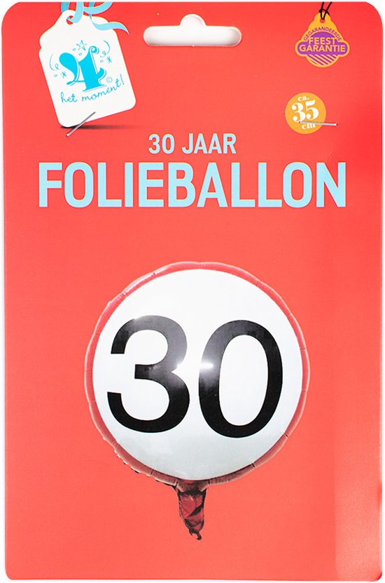 Folie ballon gekleurd | 30 jaar | 35 cm | wit | rode rand | zwarte ...