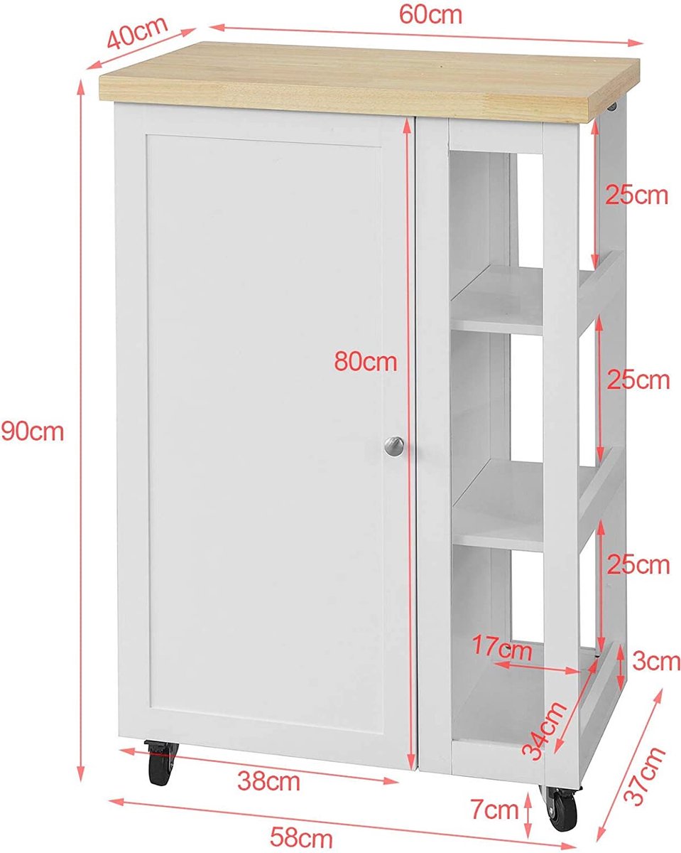 Keukentrolley Serveerwagen Trolley Kast Servies met 1 deur en 3 planken ...