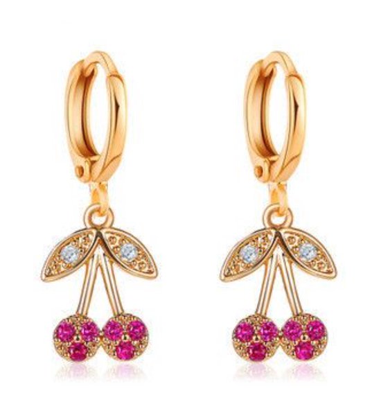 Kersen oorbellen met steentjes | goud gekleurd | bol