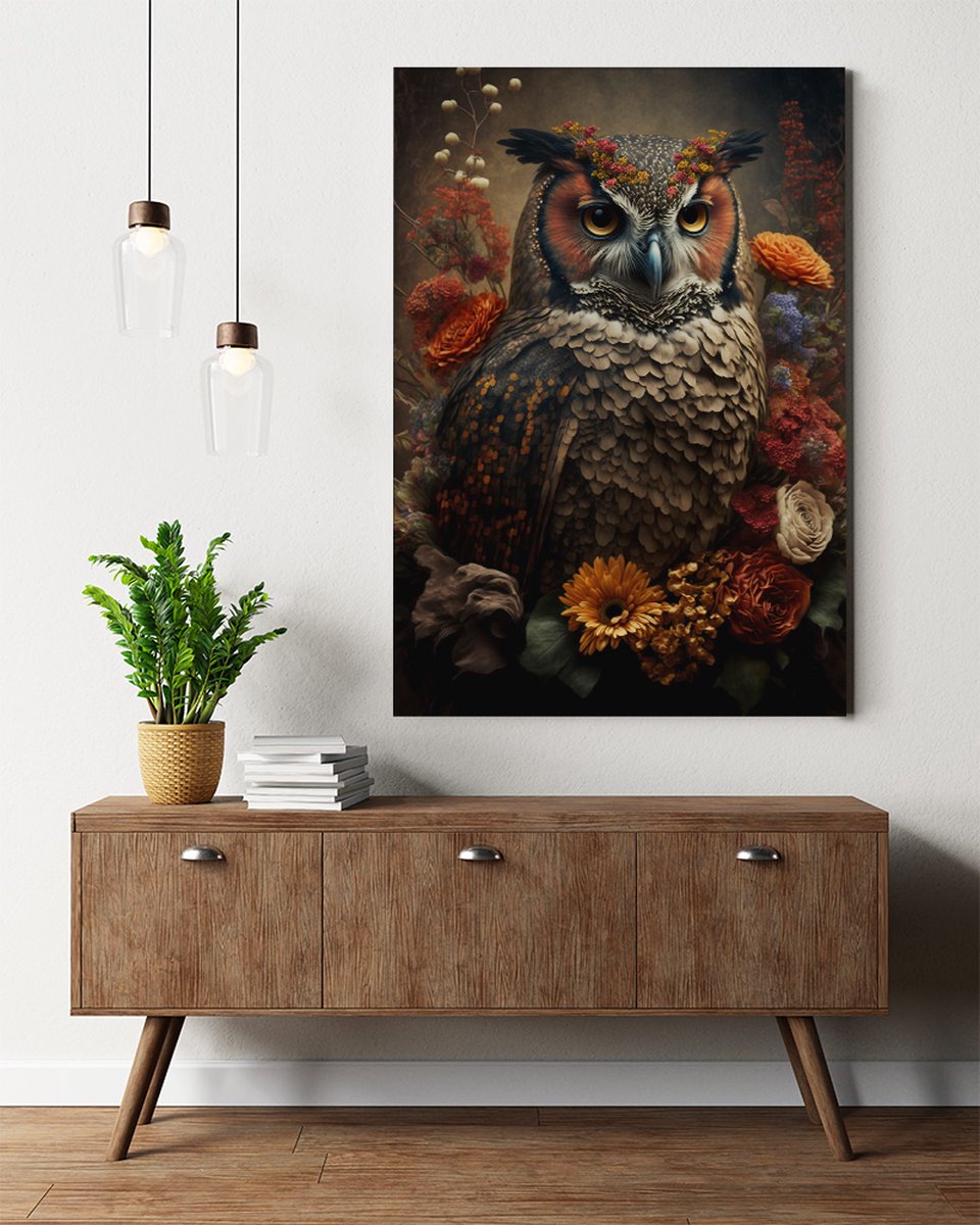 Uil in het bos tussen bloemen poster - 50 x 70 cm | bol.com