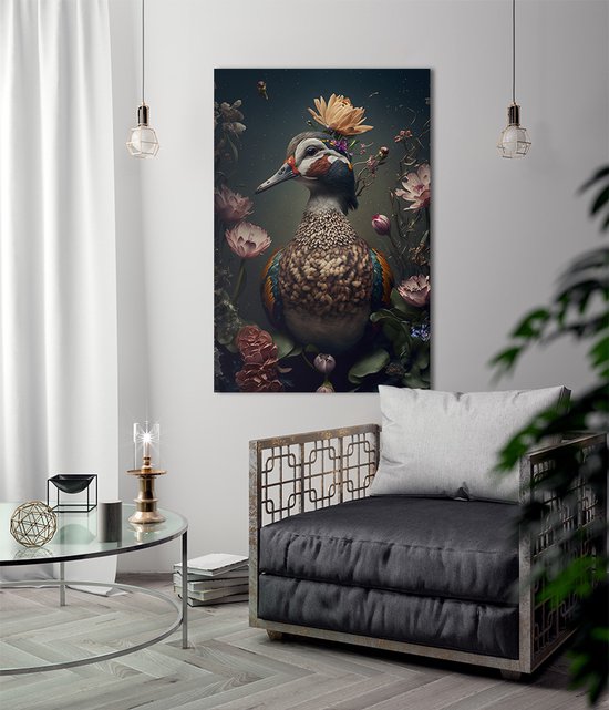 Mandarijn eend vogel met bloemen - canvas - 75 x 100 cm | bol.com